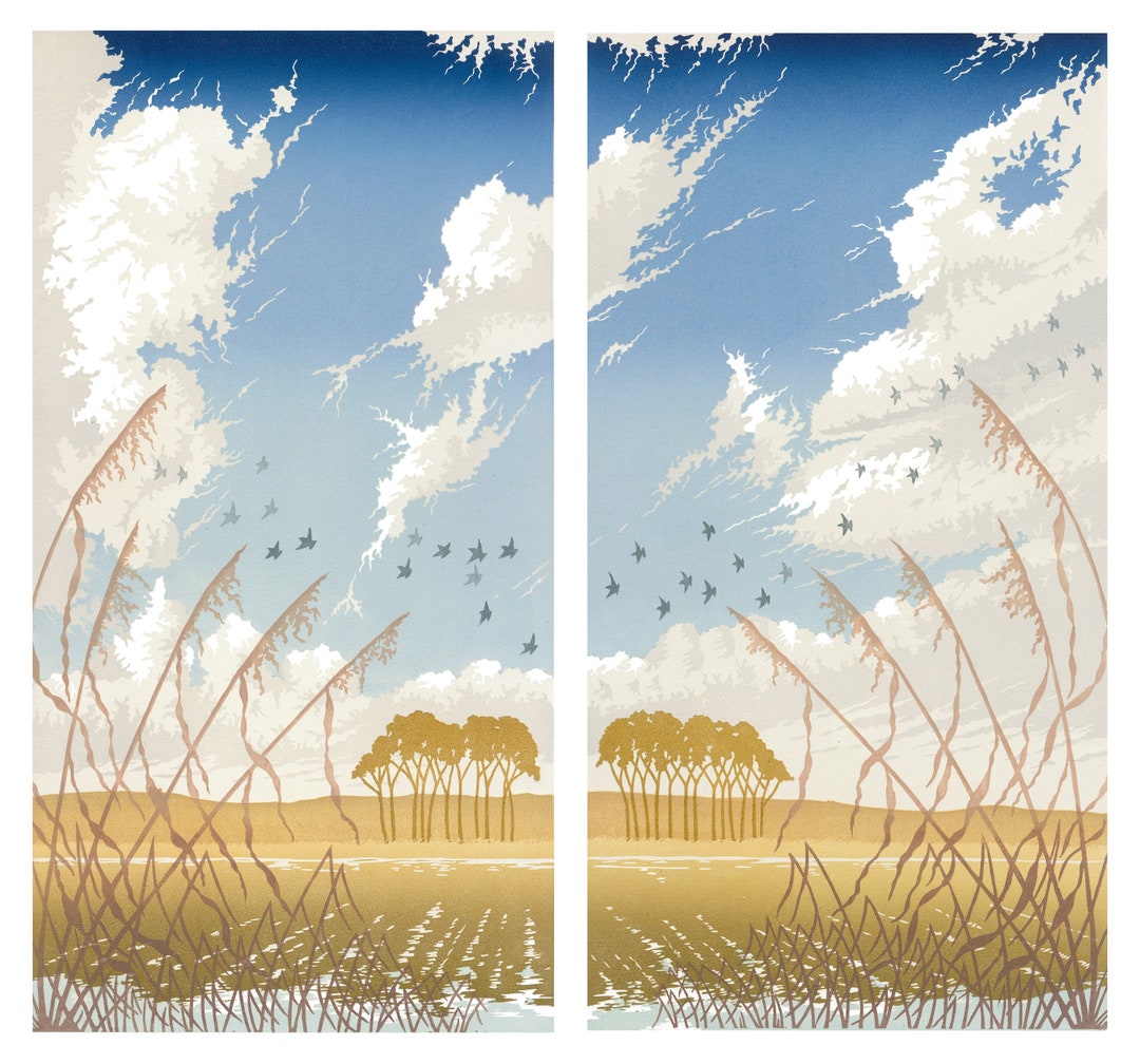 Fenland Sky Lino Print: Landscape With Reeds, Trees, Marsh, Norfolk ...