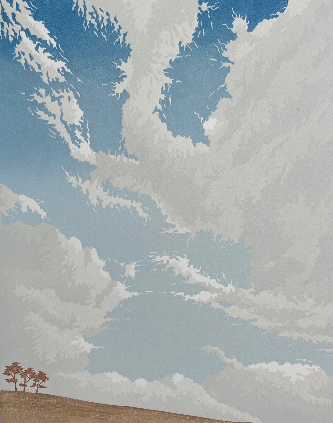 Cloudscape III Lino Print: Big Sky, Clouds, Trees. - Etsy