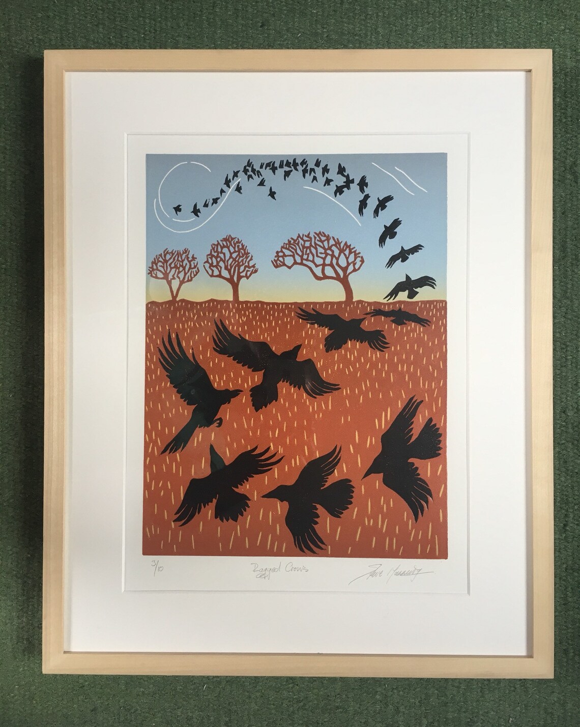 Ragged Crows: Lino Print of Black Crows Flying Over a Devon Stubble ...