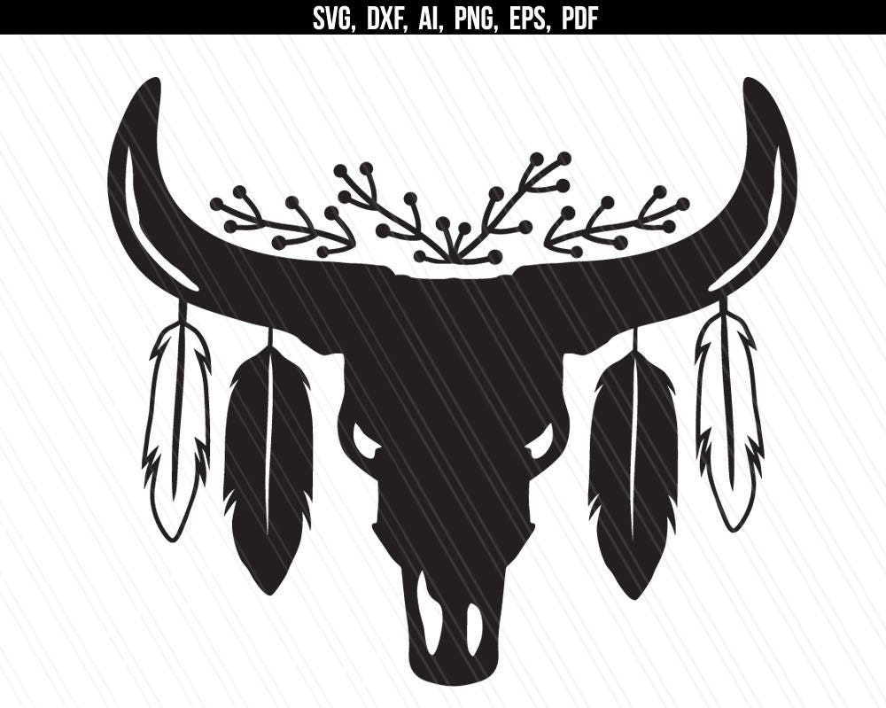 Cow skull with feathers svg dxf Bull skull feathers svg Cow | Etsy