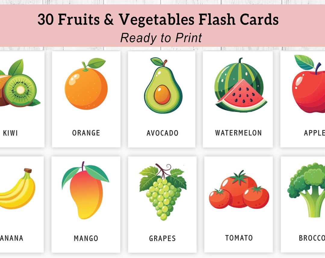 30 Fruits and Vegetables Cards, Pre-school Flash Cards, Montessori ...