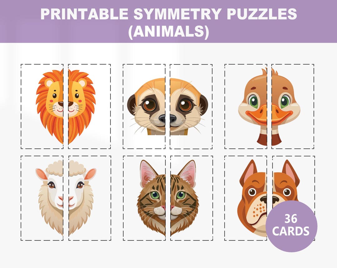 Animals Matching Game for Kids | Symmetry Puzzle for Kids | Printable ...