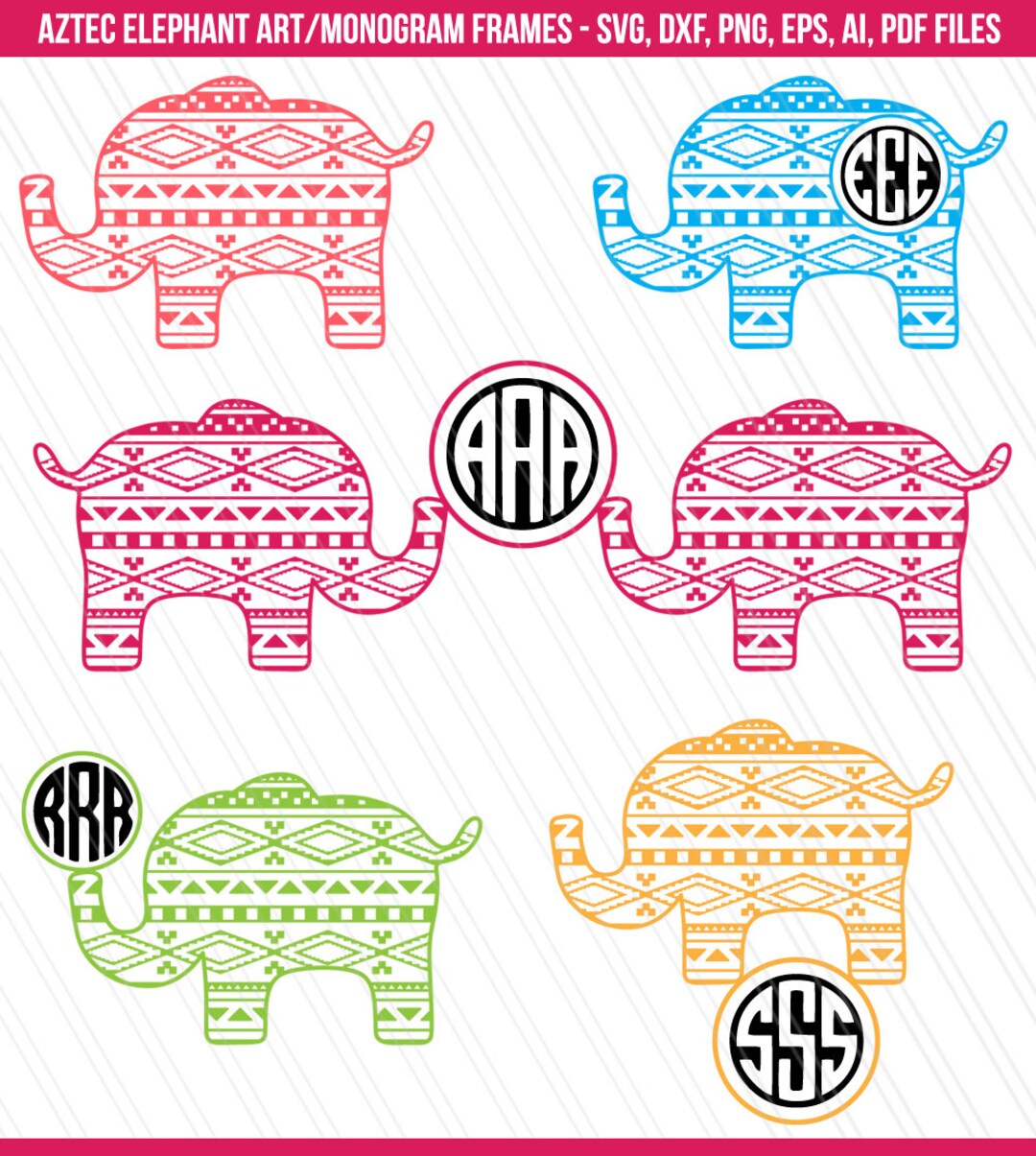 Aztec Elephant Art Svg, Dxf, Elephant Monogram Frames, Tribal Elephant ...