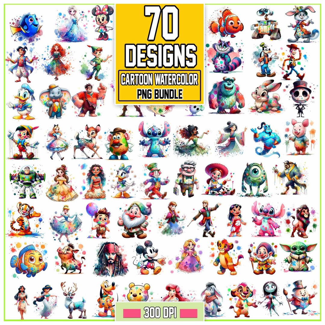 MEGA Cartoon Watercolor Bundle, Svg, Png, Dxf, Eps, Ai, Ttf and More ...