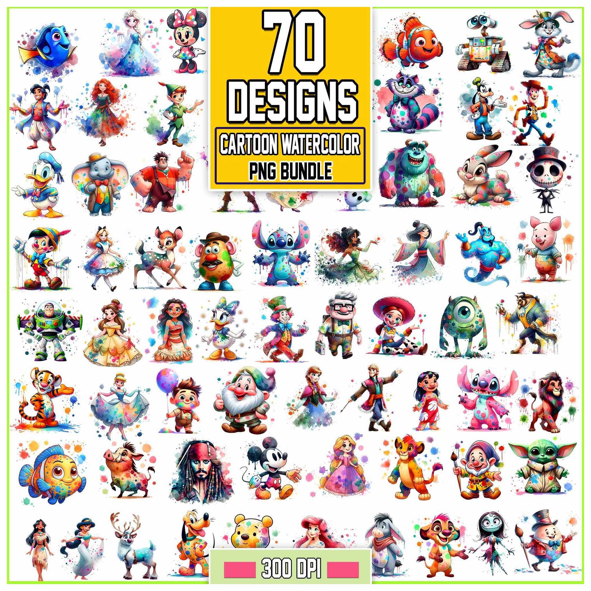 MEGA Cartoon Watercolor Bundle, Svg, Png, Dxf, Eps, Ai, Ttf and More ...