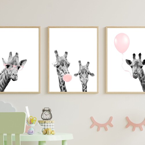 Set of 3 Giraffe Print Nursery Wall Art Blush Pink Posters - Etsy
