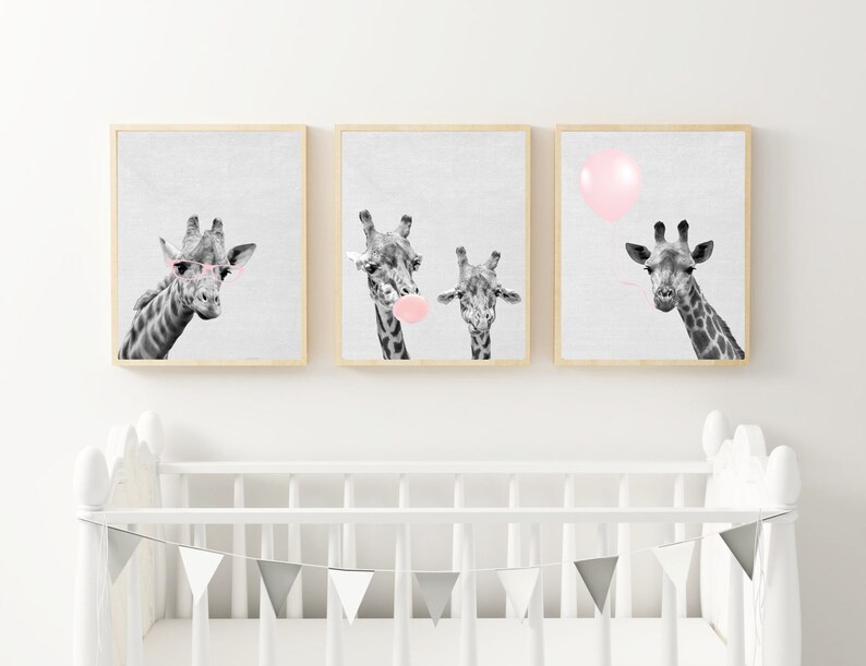 Set of 3 Giraffe Print Nursery Wall Art Blush Pink Posters | Etsy