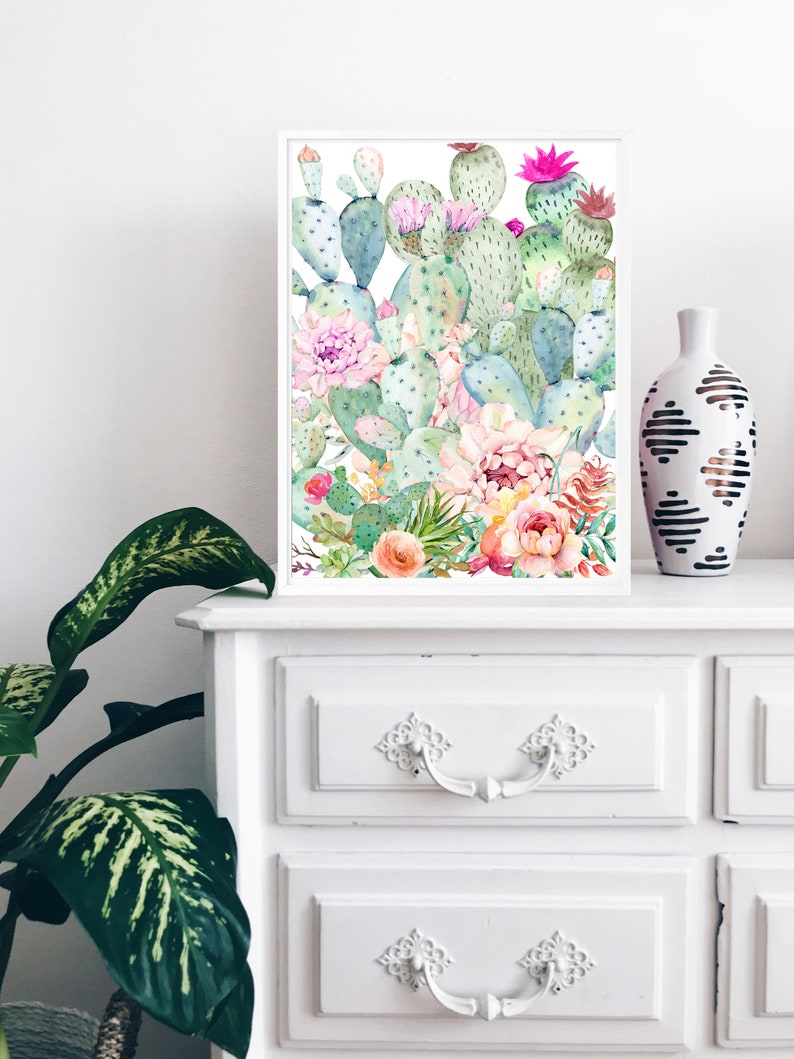 Watercolor cactus print cacti wall art flowers printable | Etsy