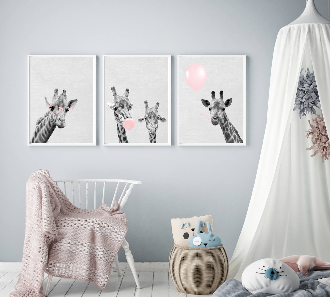 Set of 3, Giraffe Print, Nursery Wall Art, Blush Pink Posters, Baby ...