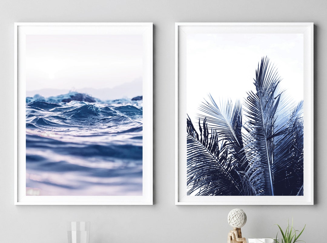 Palm Leaf Wall Art,ocean Waves Poster, Set of 2 Prints, Classic Blue ...