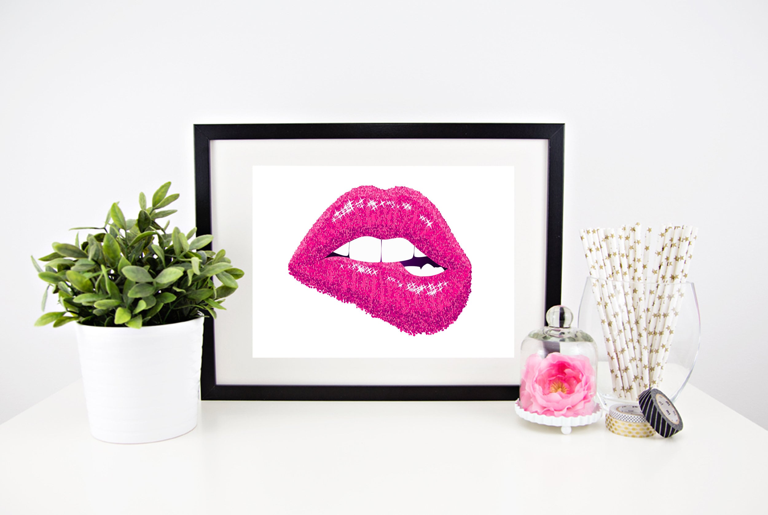Pink Lips Print Fashion Wall Art Sparkle Lips Poster - Etsy