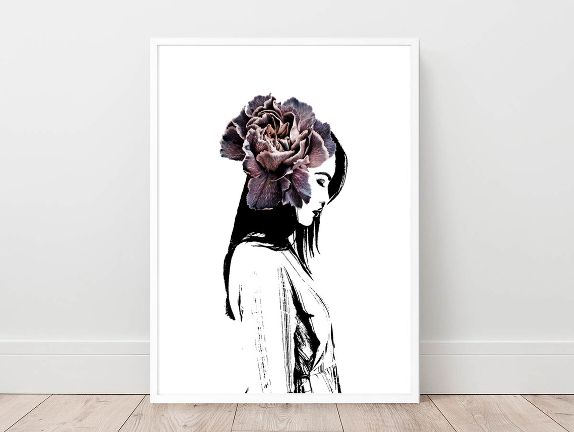 Woman portrait print Female with Flower poster Minimal | Etsy