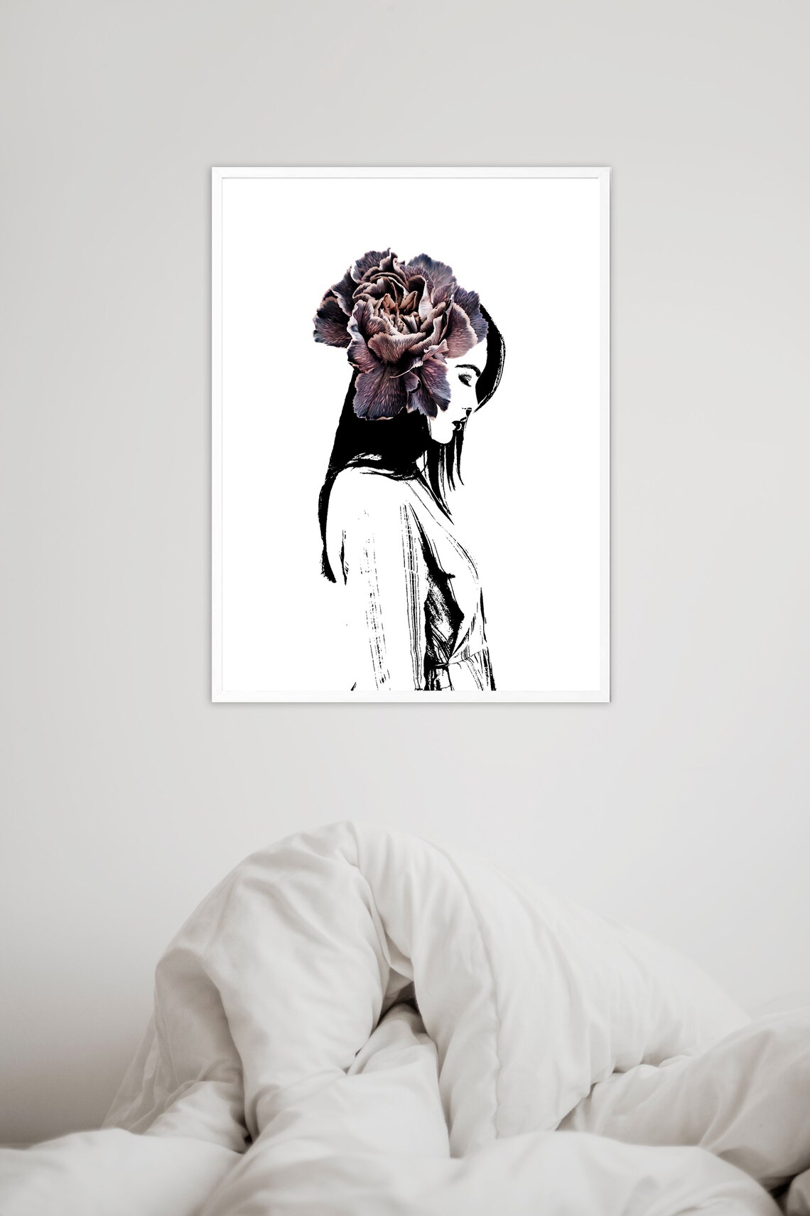 Woman portrait print Female with Flower poster Minimal | Etsy