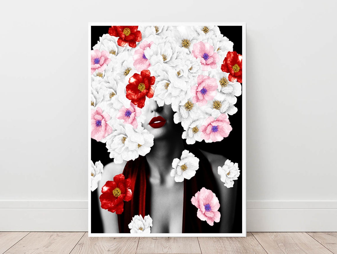 Fashion Print Model Wall Art Woman Portrait Print Flowers - Etsy