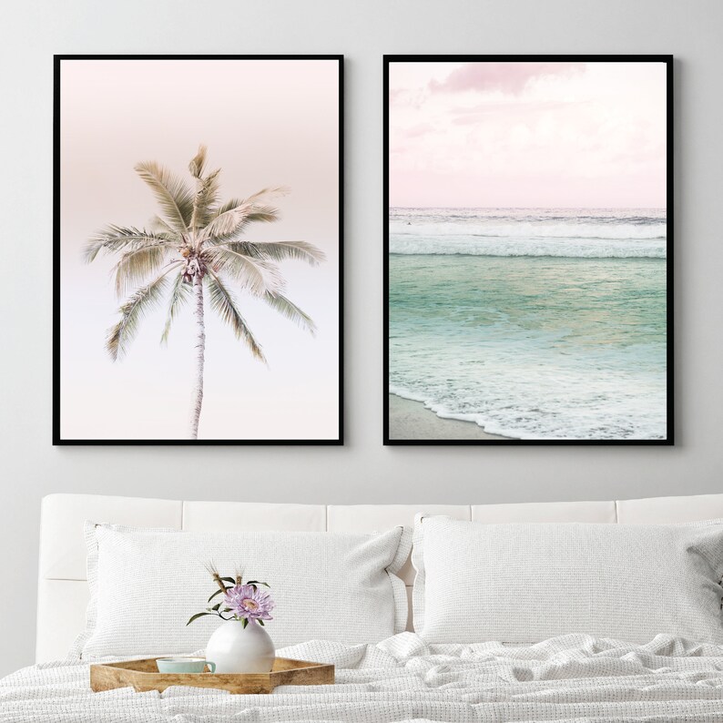 Palm Tree Print Beach Poster Pink Natural Colors Art Ocean Etsy