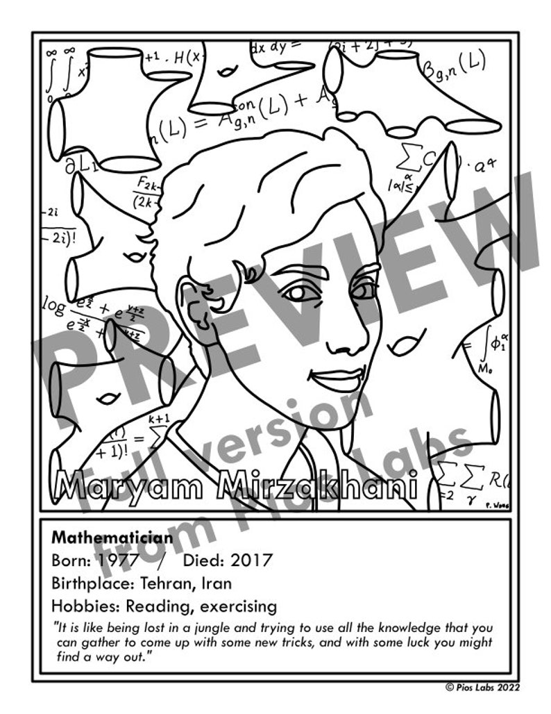 Math Coloring Page/poster, B&W PDF: Mathematician Maryam Mirzakhani ...