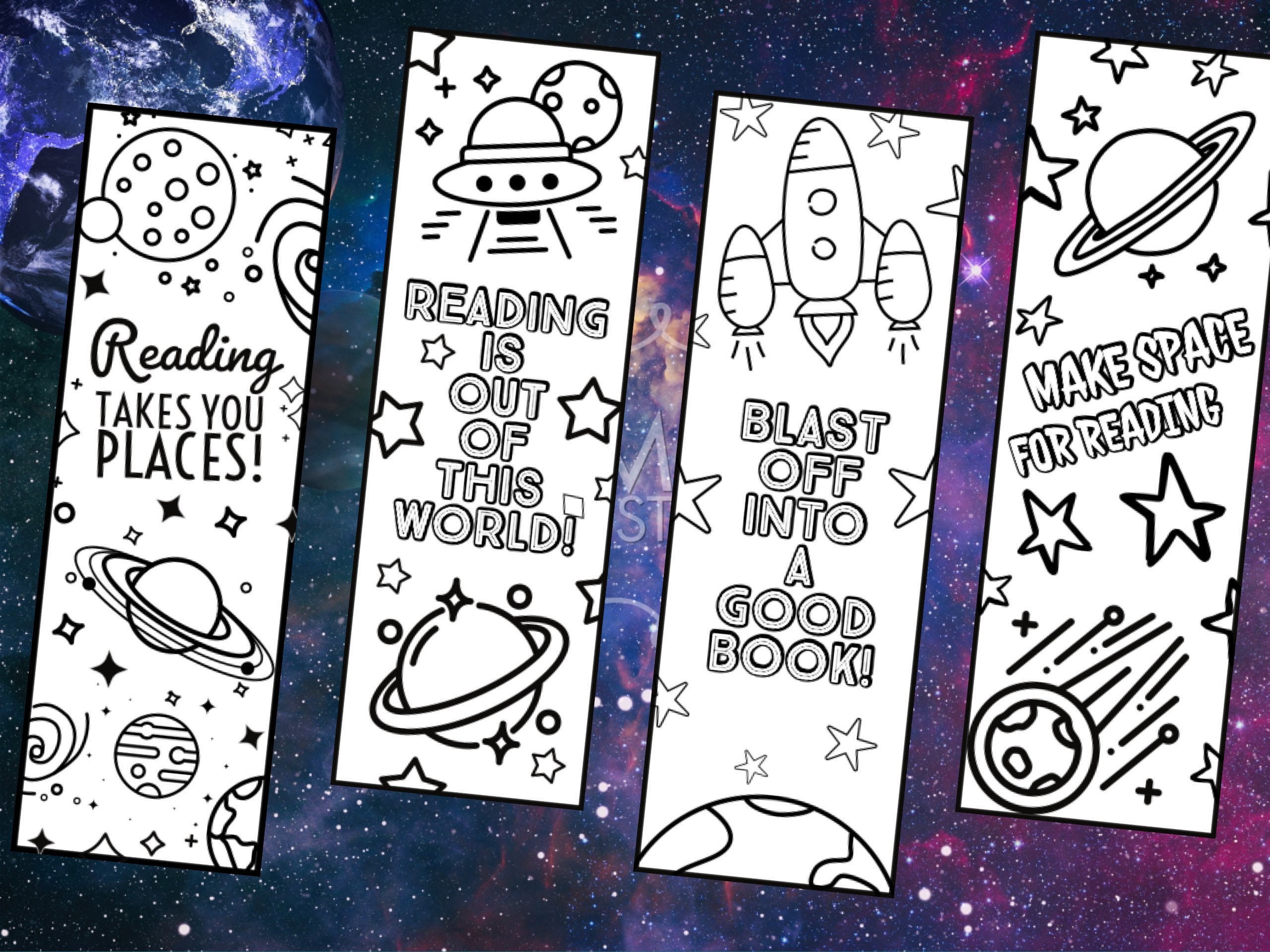 Outer Space Coloring Bookmarks: Reading Theme, Set of 4 (printable ...