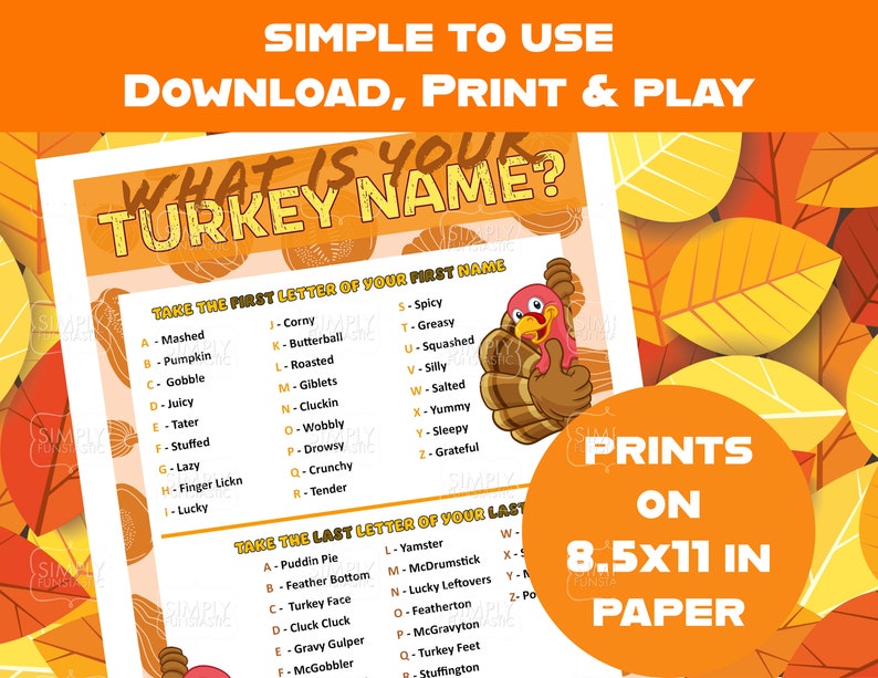 Turkey Name Game, Thanksgiving Printable Game, Thanksgiving Dinner Game ...
