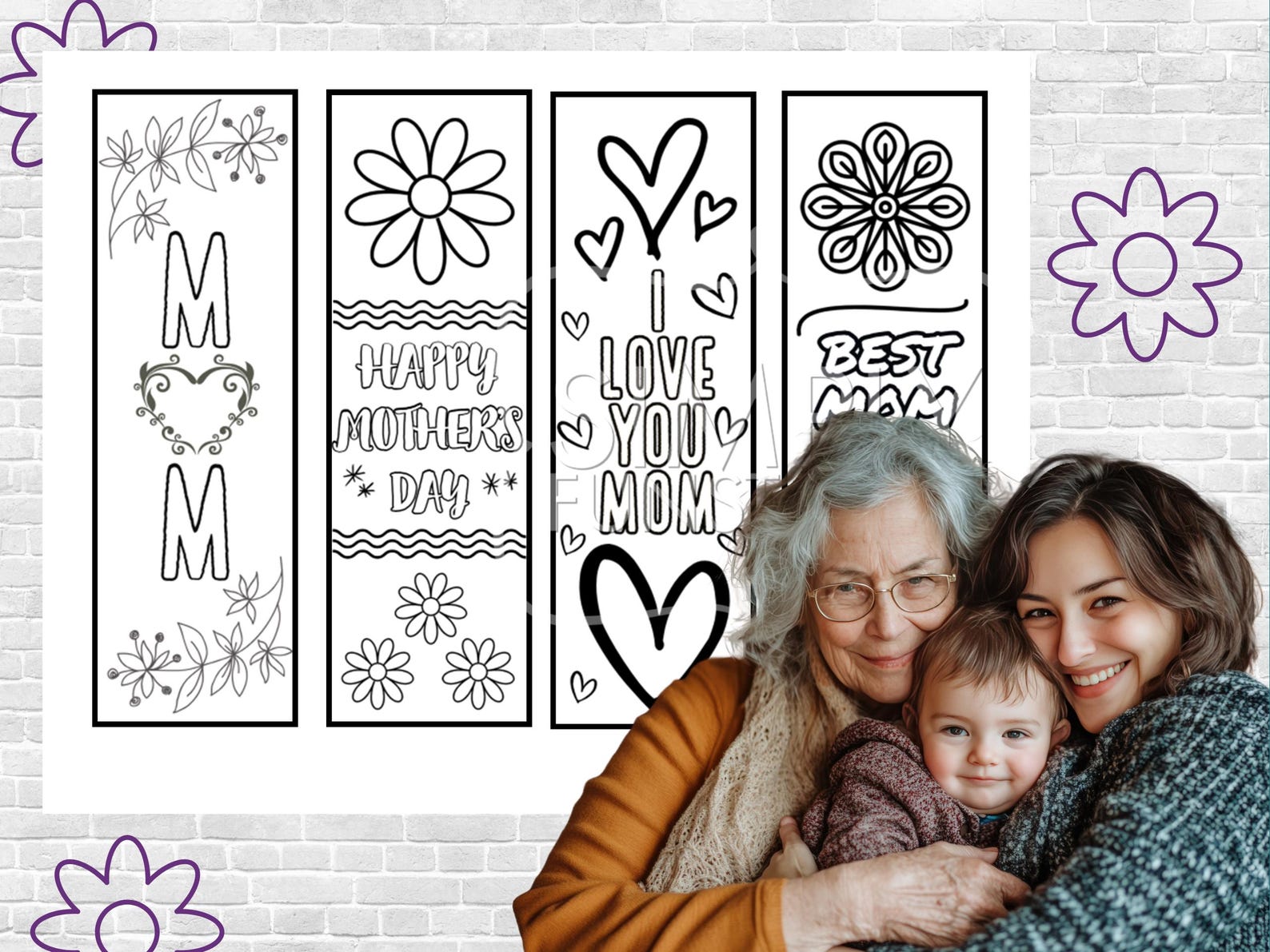 Mother's Day Coloring Bookmarks: Set of 4, DIY Gift (instant Download ...