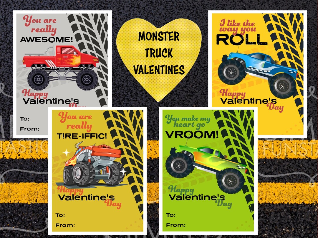 Monster Trucks Valentine's Day Cards, Classroom Valentine Card, Monster ...