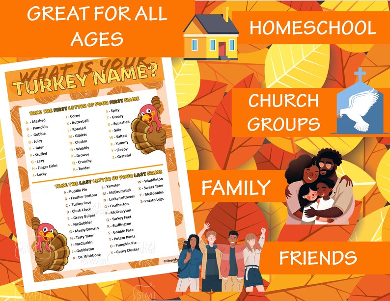 Turkey Name Game, Thanksgiving Printable Game, Thanksgiving Dinner Game ...