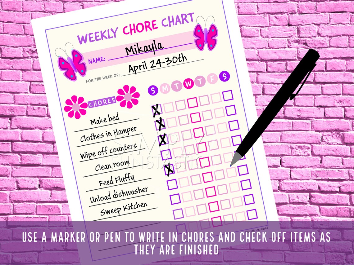 Butterflies Weekly Chore Chart: Printable Daily Routine (instant ...