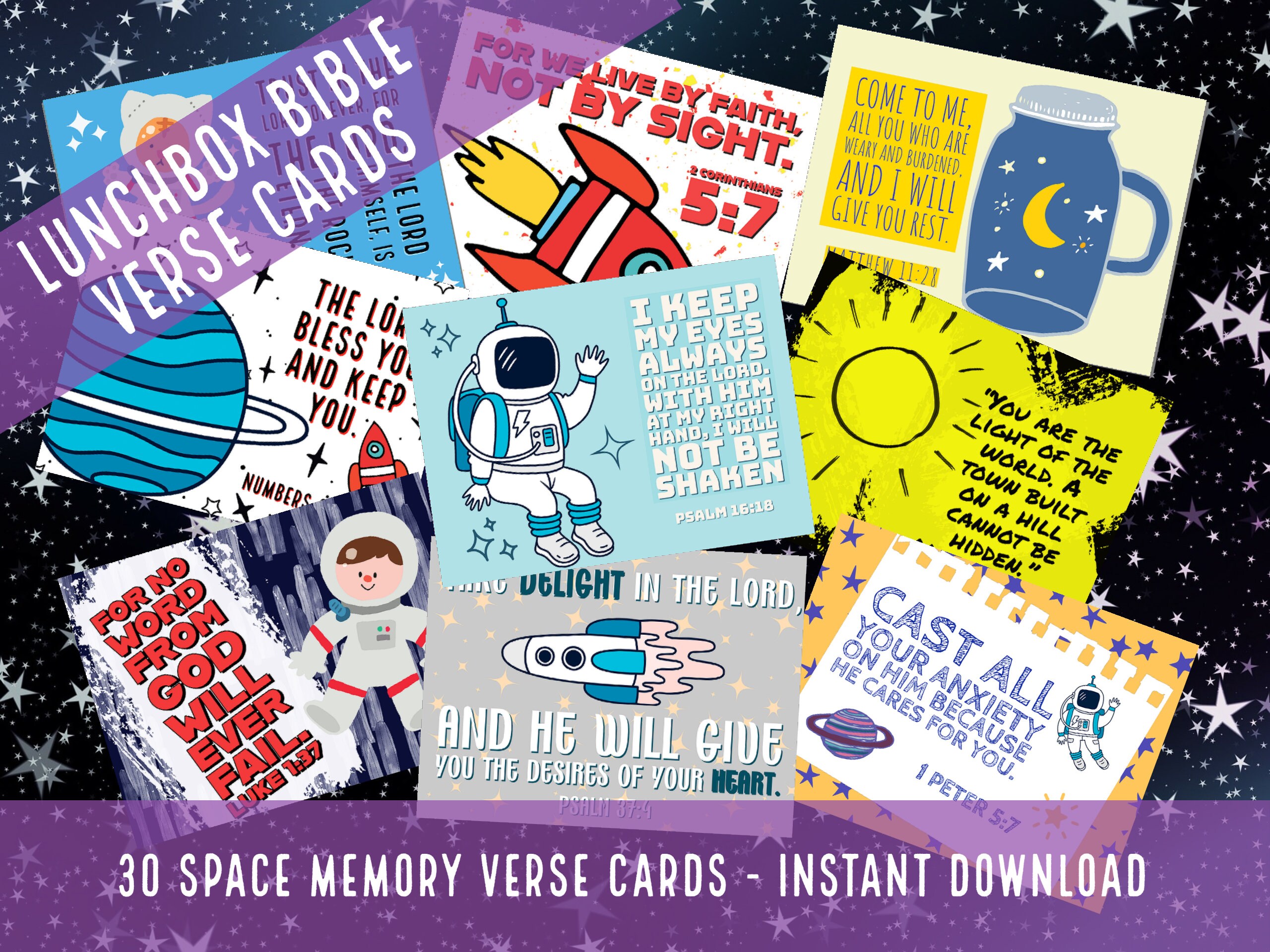 30 Outer Space Kids Scripture Cards children's Memory Verse Cards Bible ...