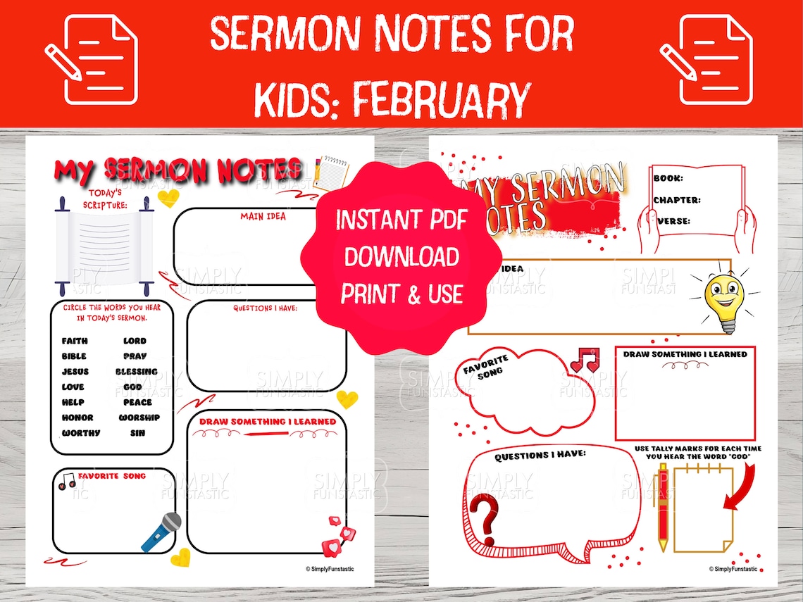 Kids Sermon Notes: February Church Printable (PDF Download) Colorful ...