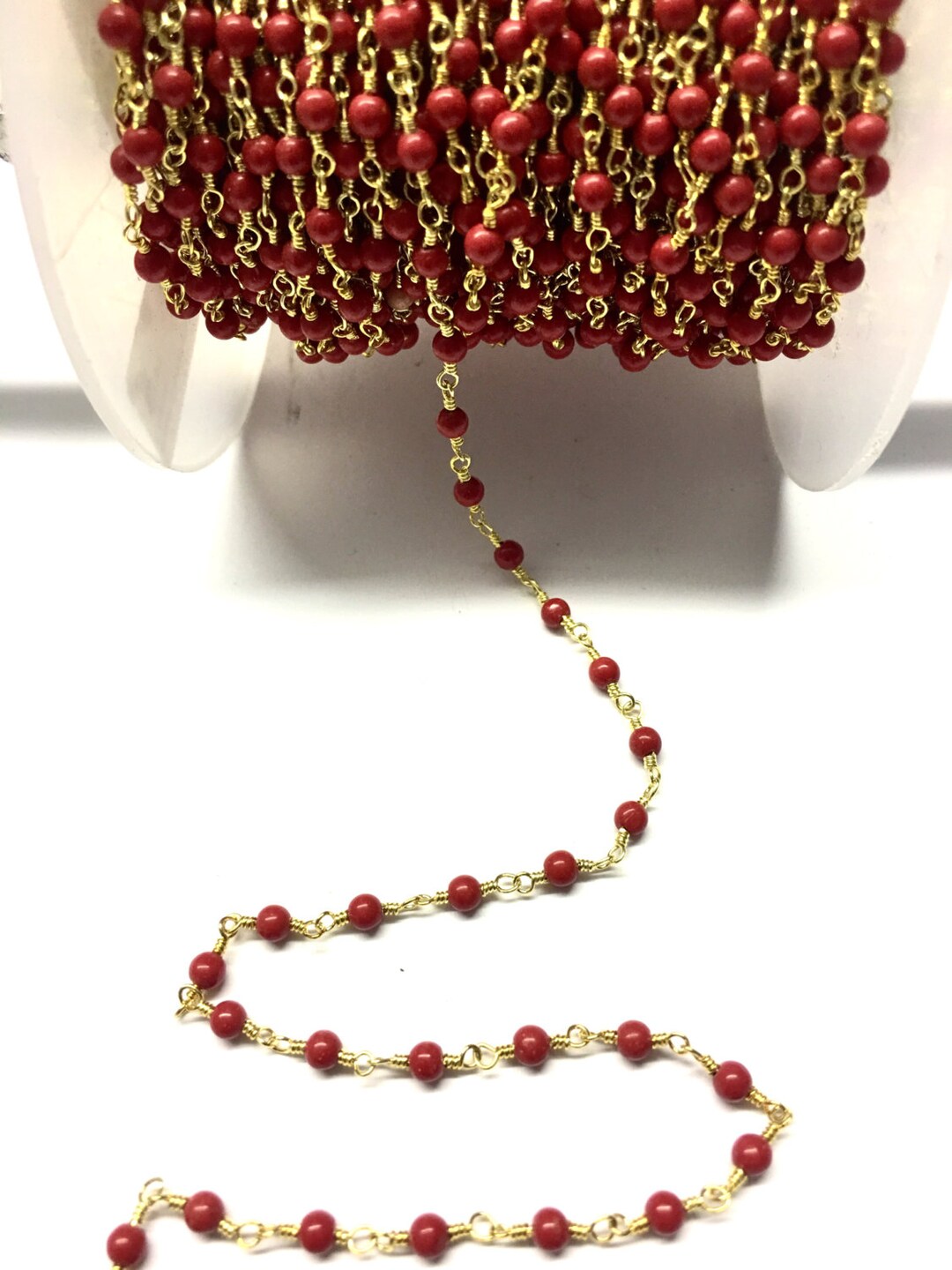 Red Coral Metal Chain, Gold Plated Wire Wrapped Metal Chain, Rosary ...