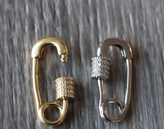 Metal Safety Pin Screw Clasp With Cubic Zircon 10.5 X 23 MM | Etsy