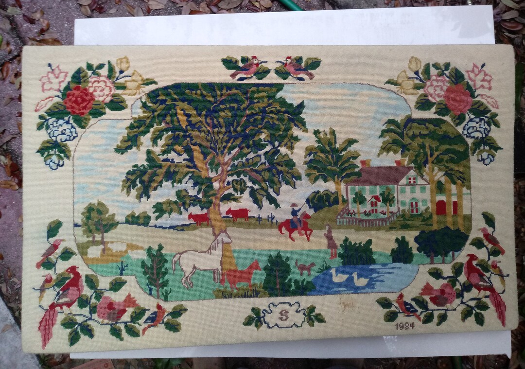 Large 32" Needlepoint "country Home" Scene - Etsy