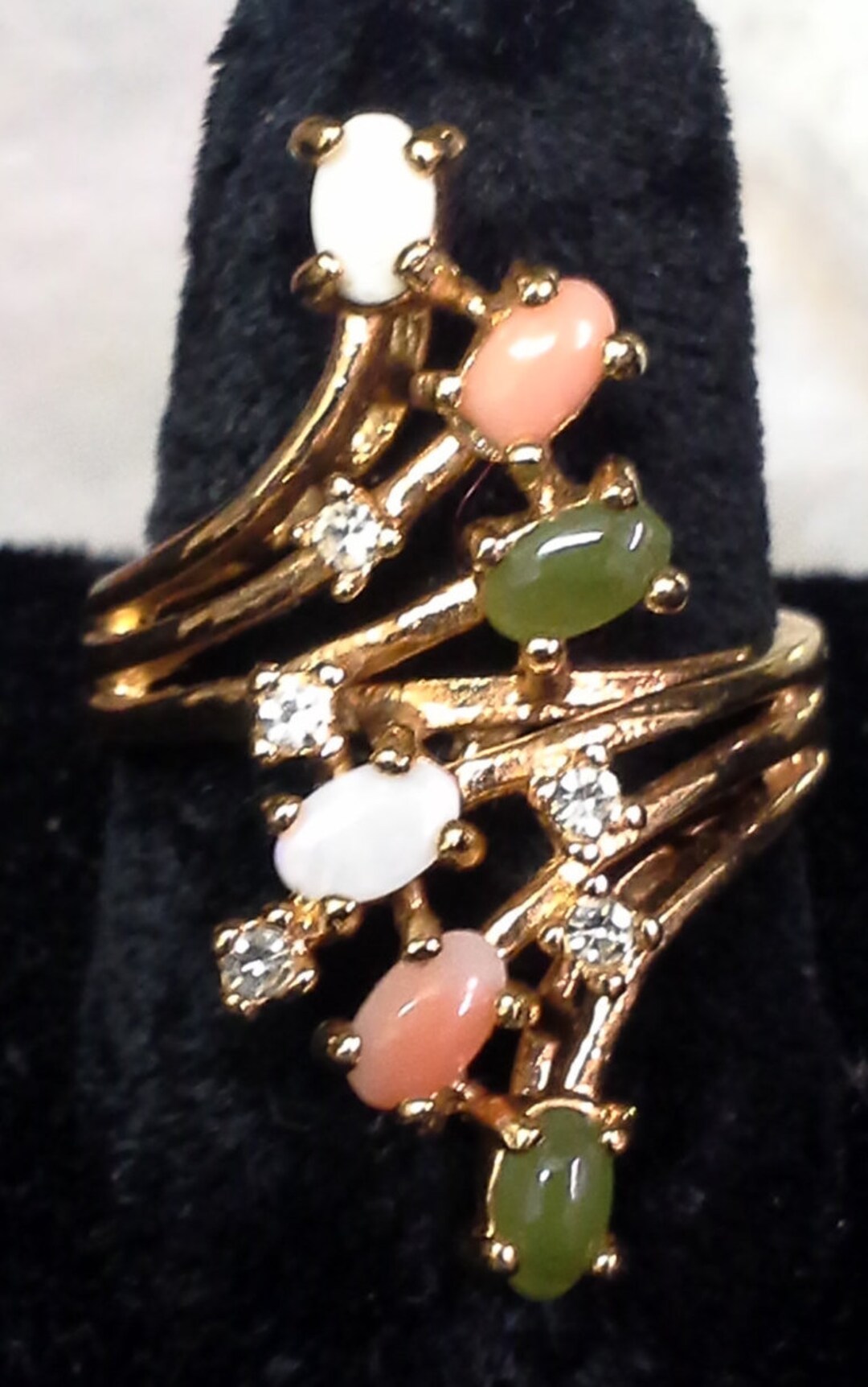 Jade, CZ and Other Gemstone Cluster Set in 18kt. Gold Electroplate Ring ...