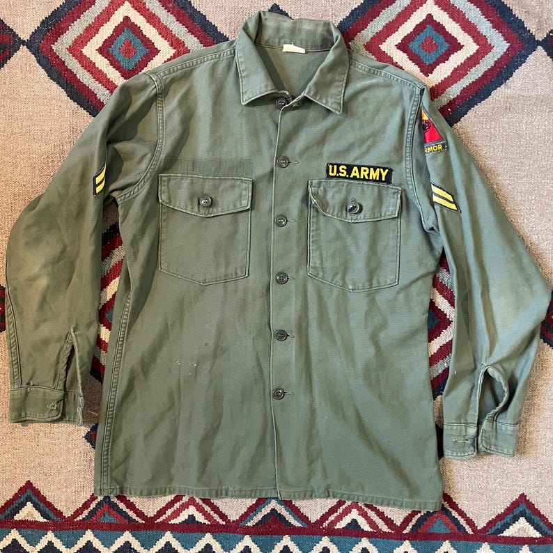 1960s US Army Vietnam Cotton Sateen Utility Work Shirt Vintage Mens ...