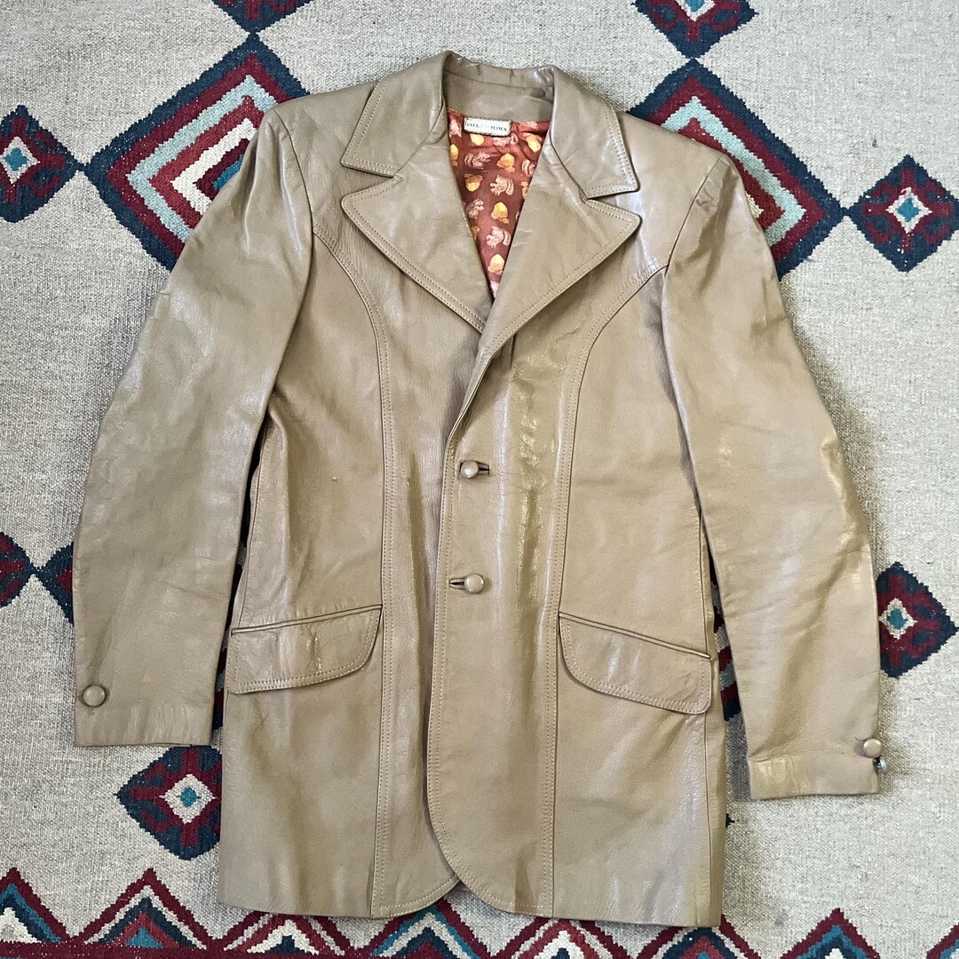 1970s Del Corzo Leather Jacket | Vintage Mens 42 Beige Button Up - Etsy