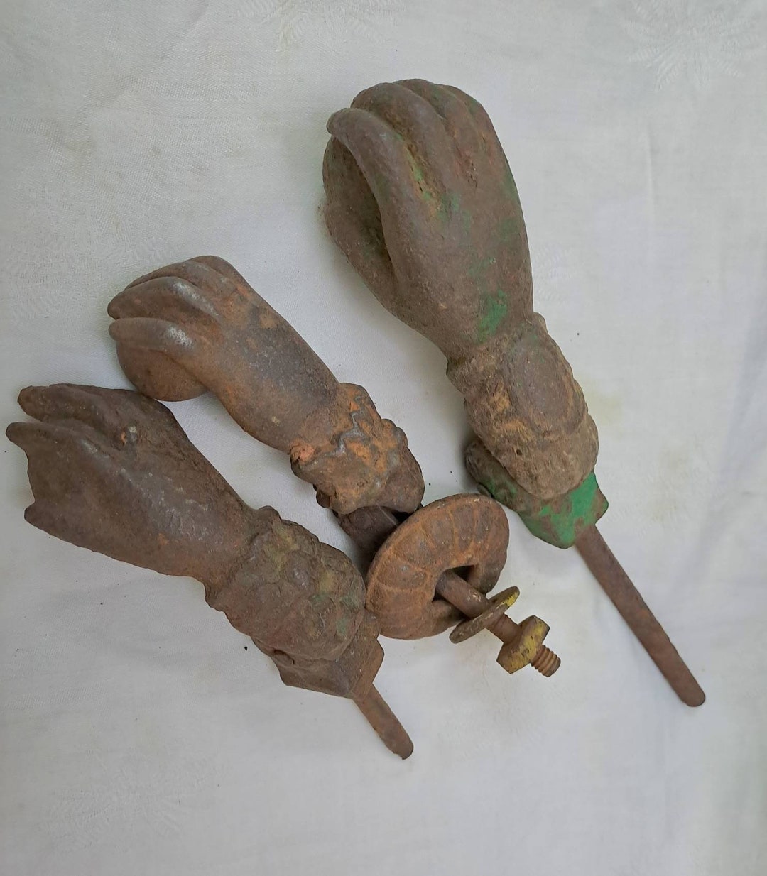Antique 1900 Old Cast Iron Hand Door Knocker /door Knob Set of 3 Pieces ...