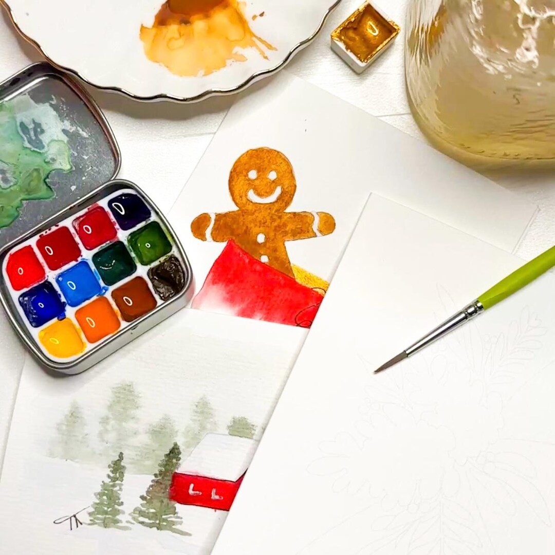 Holiday DIY Watercolor Card Set Mini Palette, Brush & Paintable Cards ...