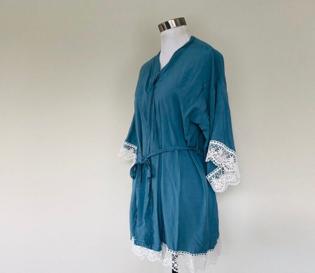 Robe Medium Blue Kimono Wrap Style White Lace Short Vintage Lingerie - Etsy