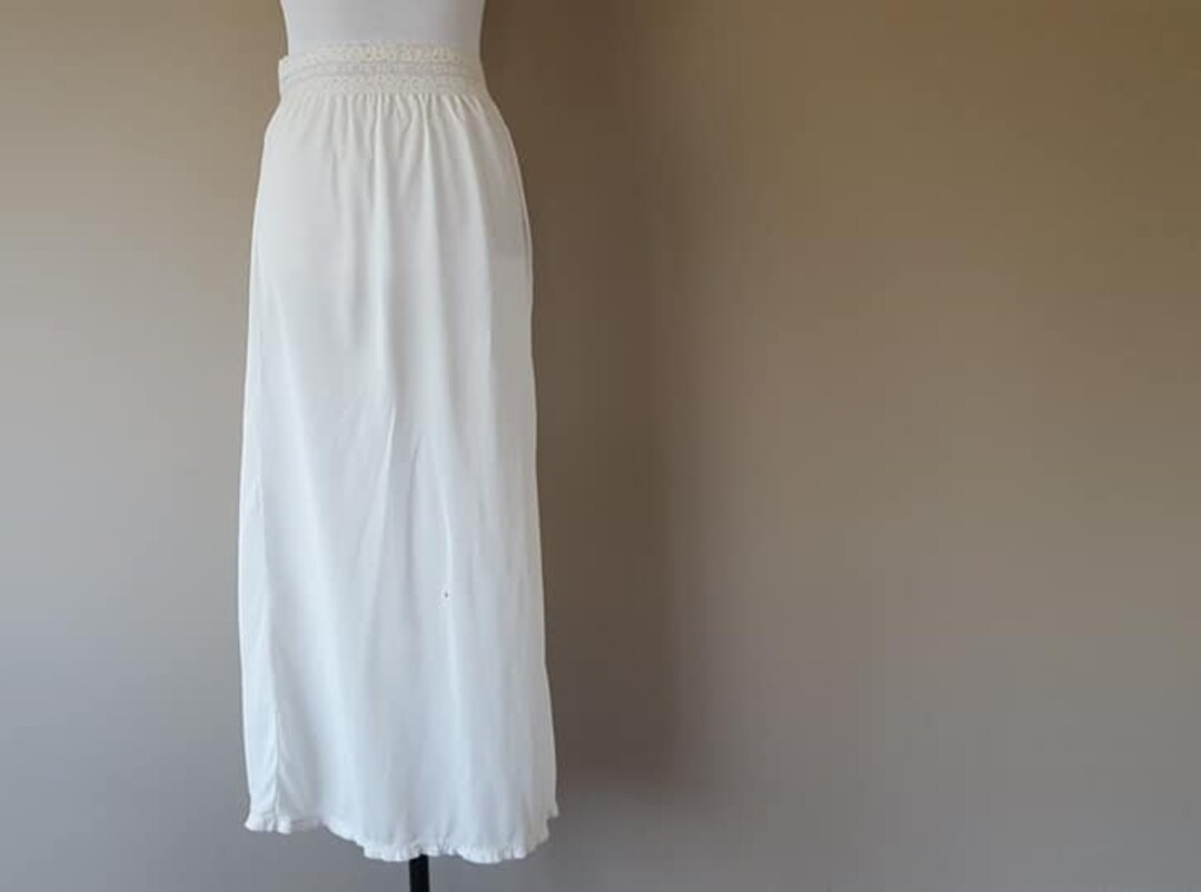 Half Slip Large Elegant 36 Inch Long Kick Pleat White Nylon Slip Skirt Lacy Elastic Waistband ...
