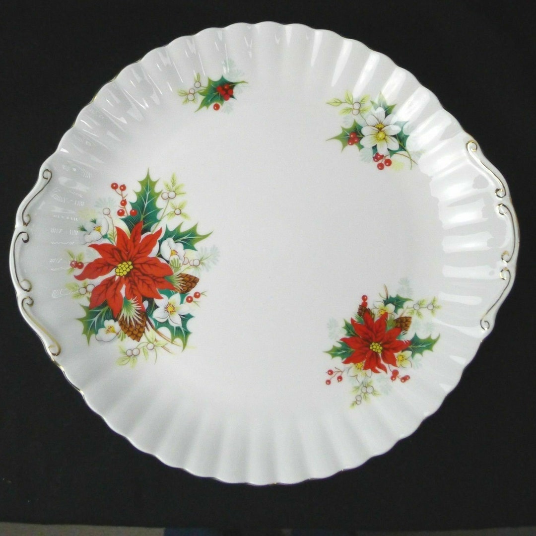 Royal Albert Poinsettia Cake Plate Handles England Platter Gold 11 ...