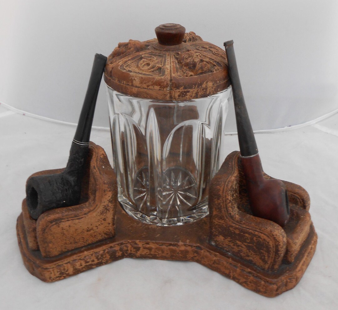 Vintage Syroco Wood Pipe Holder Stand Glass Humidor Shaved Dog Scottish ...