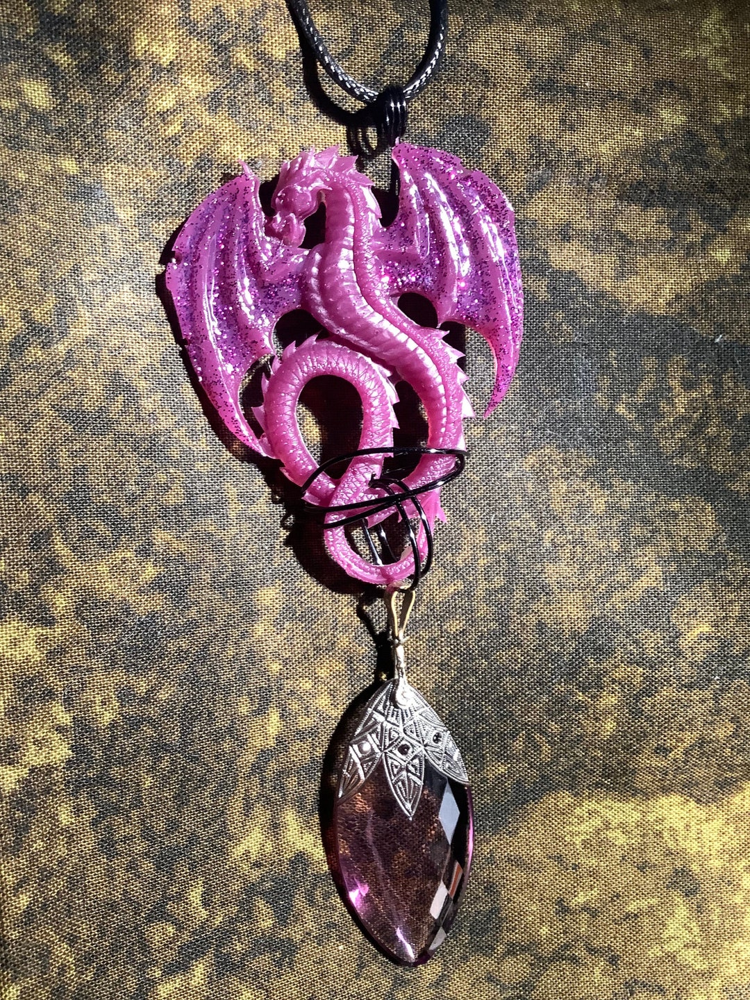 Purple Resin Dragon Necklace Fuchsia Glitter Wire-wrapped With Purple ...