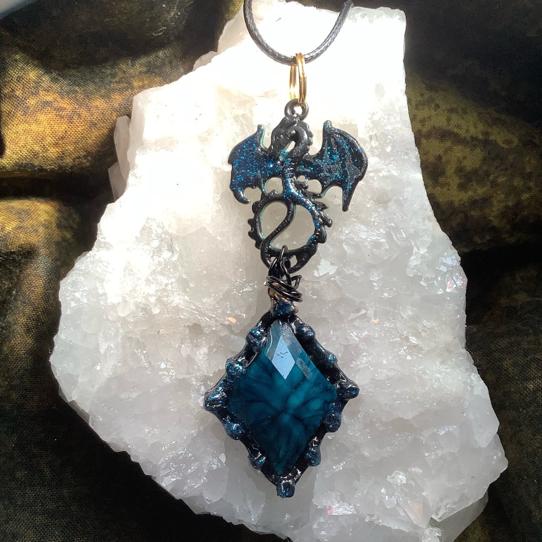 Deep Blue Diamond Dragon Necklace Double-sided Wire-wrapped Lozenge ...