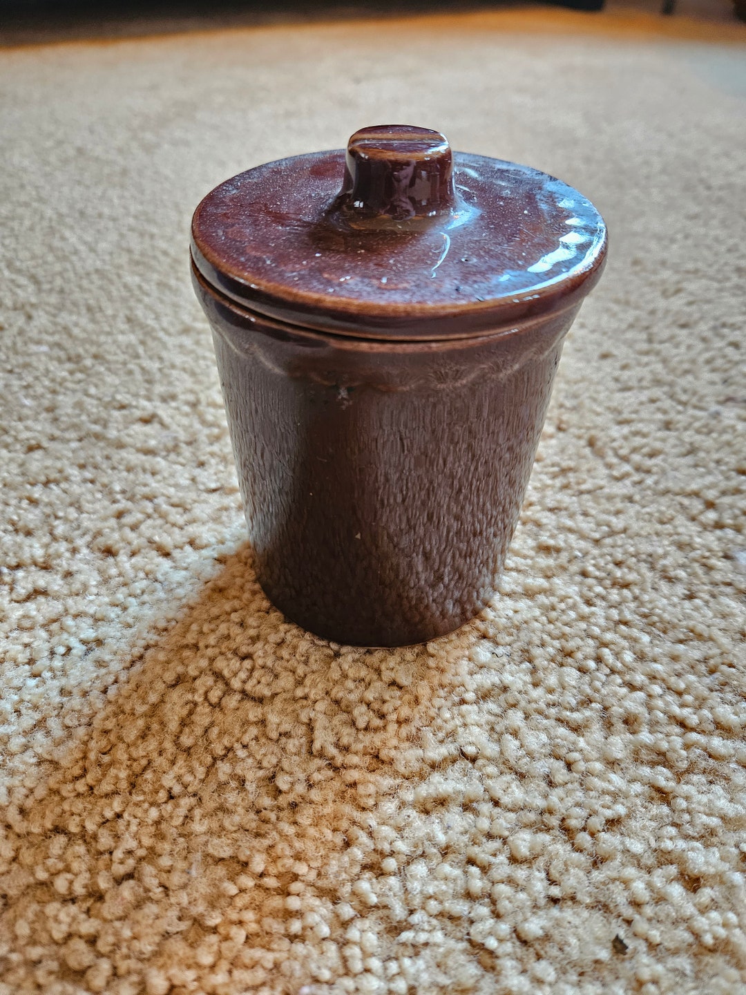 Vintage Brown Ceramic Small Cheese Crock With Lid Collectible Kitchen ...