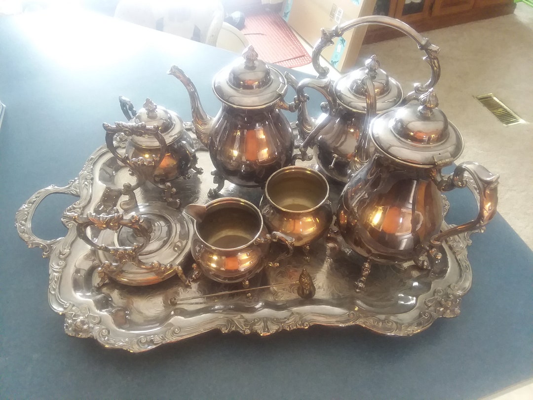 Antique Silver on Copper Tea Service Massive 9 Pieces Fine Dining ...
