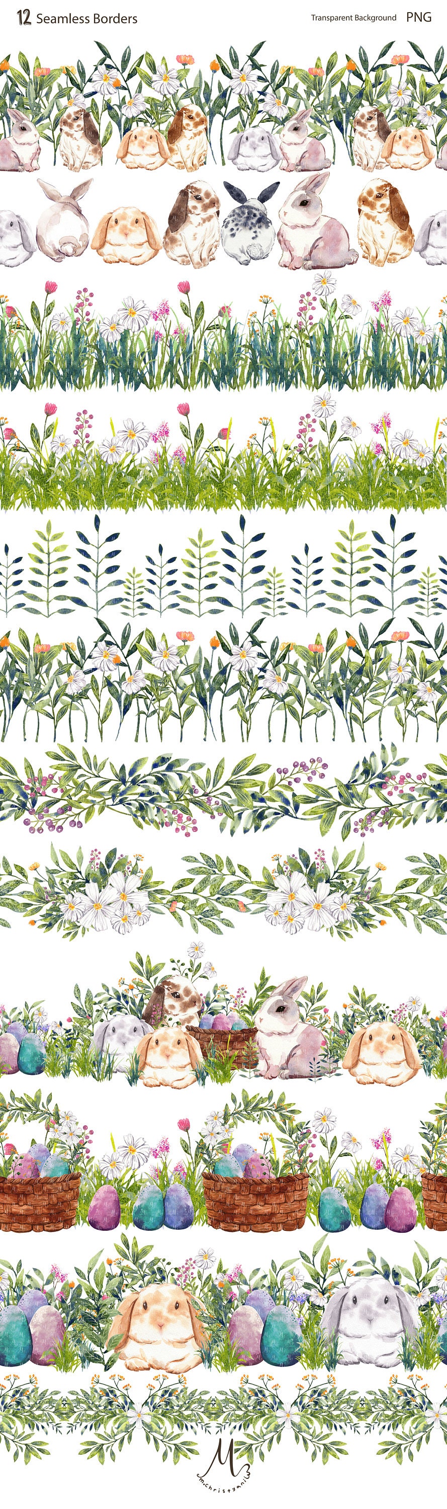 Spring Easter Bunny Clip Art Set, Watercolor Clip Art, Seamless Borders ...