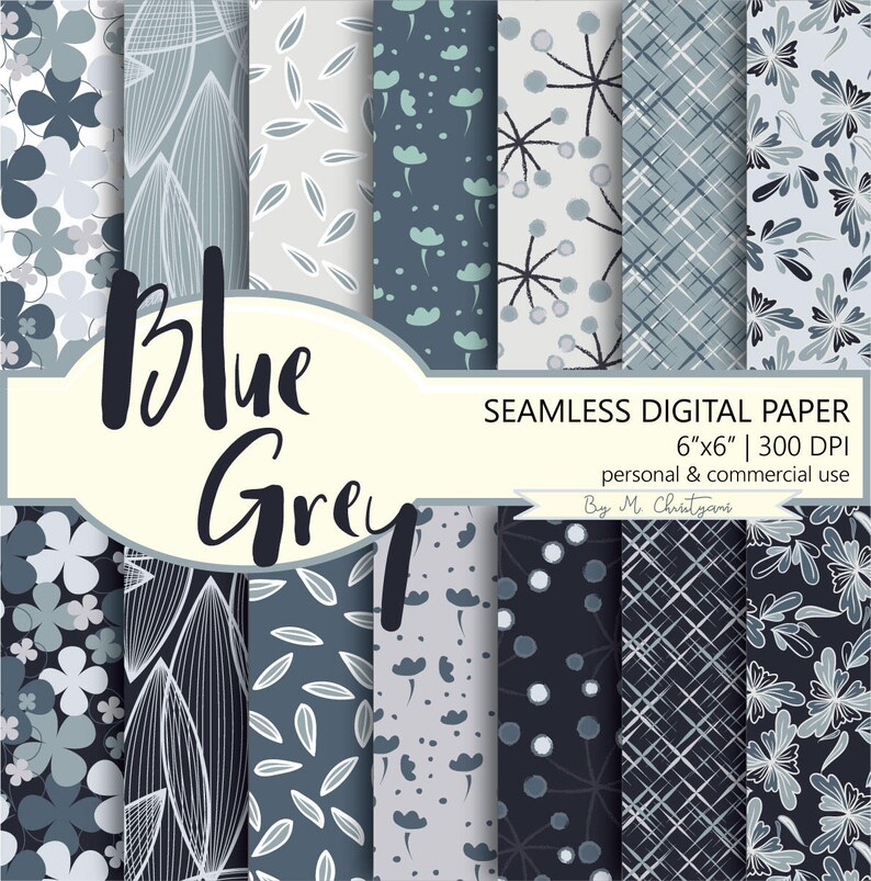 Blue Gray Floral Seamless Tileable Digital Paper Pack 6" X 6" Scrapbook ...