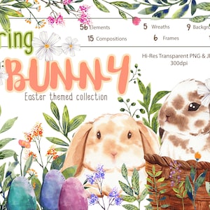 Spring Easter Bunny Clip Art Set, Watercolor Clip Art, Seamless Borders ...