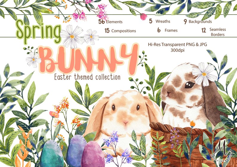 Spring Easter Bunny Clip Art Set, Watercolor Clip Art, Seamless Borders ...