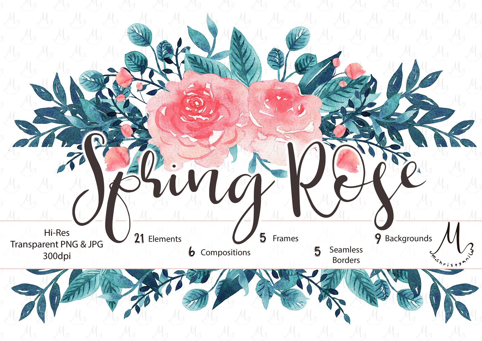 Spring Rose Floral Clip Art Set, Floral Backgrounds, Floral Frame, Pink ...