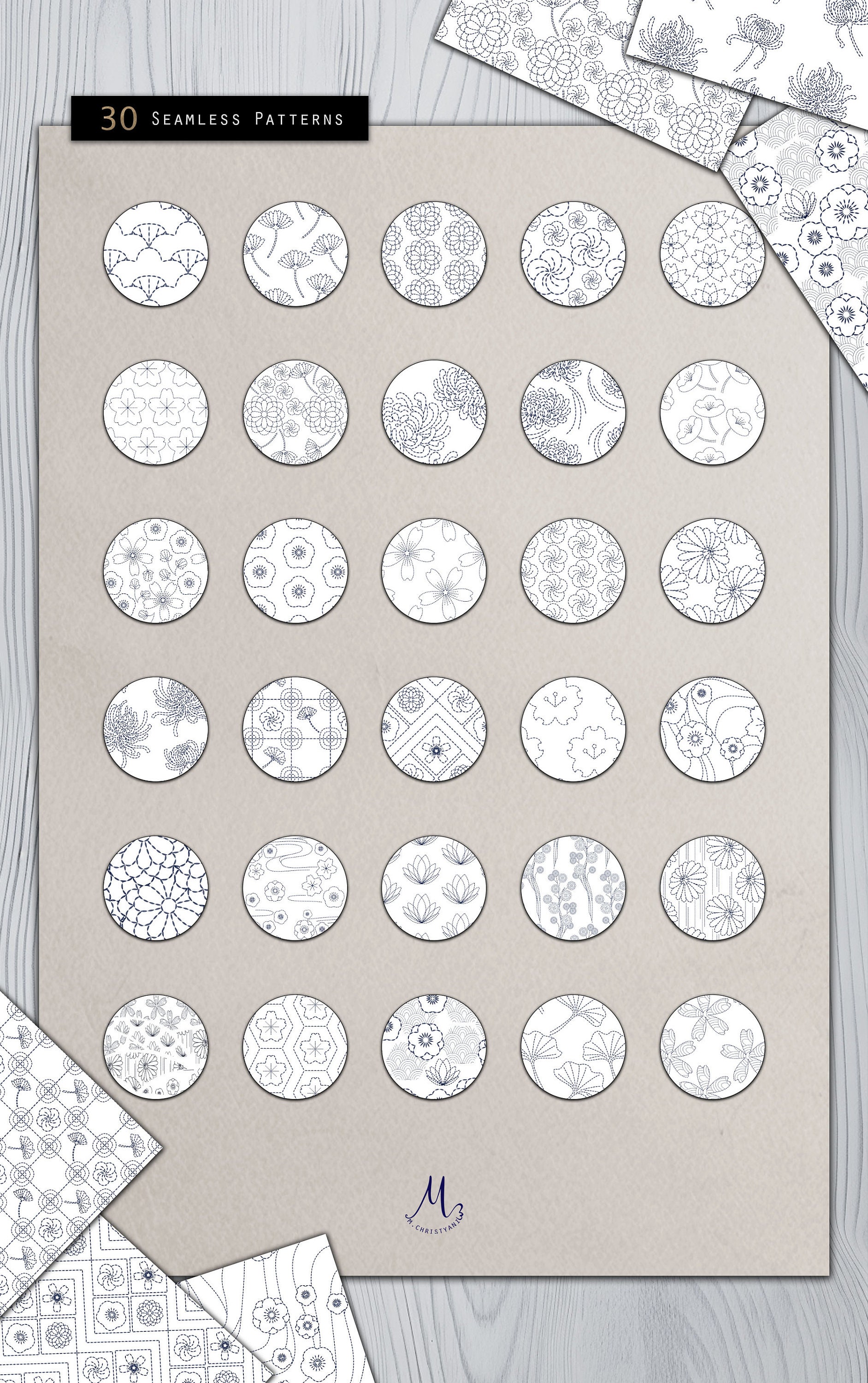 Floral Sashiko Japanese Seamless Pattern 30 in 1 Digital Paper Navy on ...